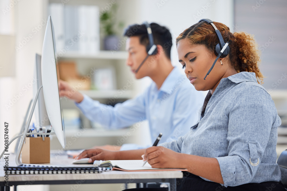 Telemarketing, business woman document and contact us writing in a ...