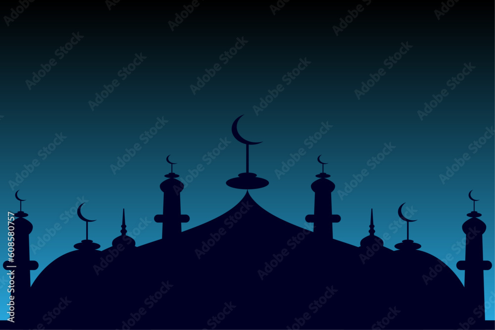 blue mosque vector illustration with moon symbol, mosque tomb ...