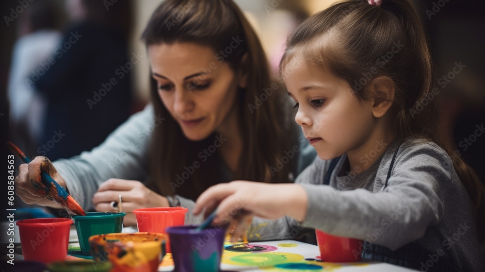 A mother and her child participating in a creative, art-focused ...