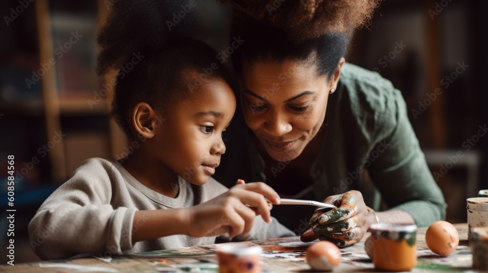 A mother and her child participating in a creative, art-focused ...