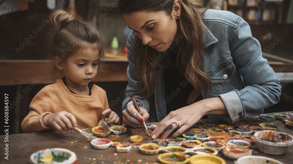 A mother and her child participating in a creative, art-focused ...