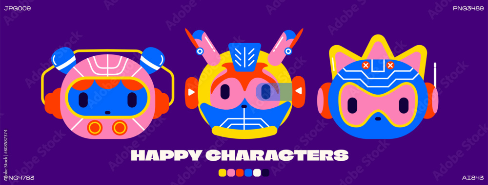 y2k characters robots futuristic retro cartoon style. Animal head ...