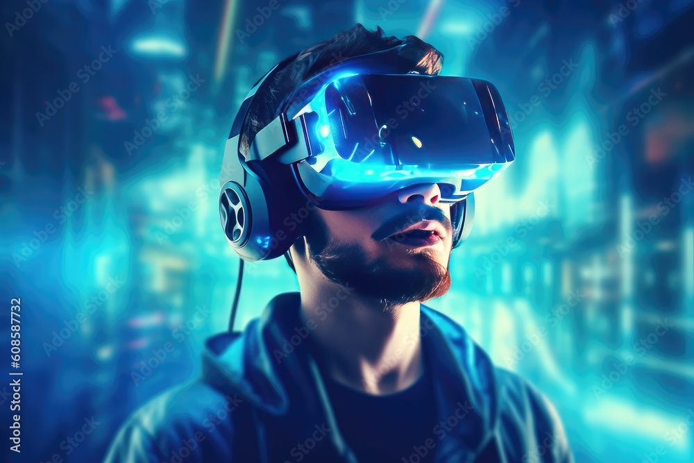 Concept of virtual reality technology. Men wearing VR headset, sparkle ...