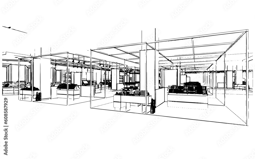 line drawing of the area of the department store hall,fashion store ...