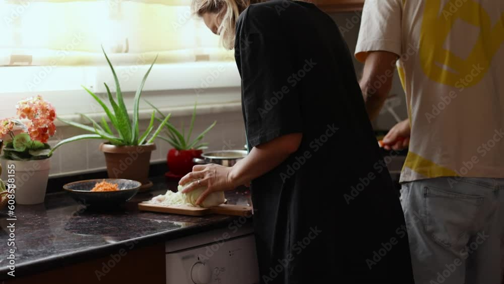 Young couple busy cooking together on kitchen, back view, young parents ...