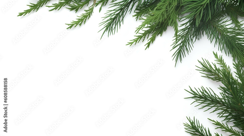 Evergreen sprig forming a corner frame with a large white space in the ...