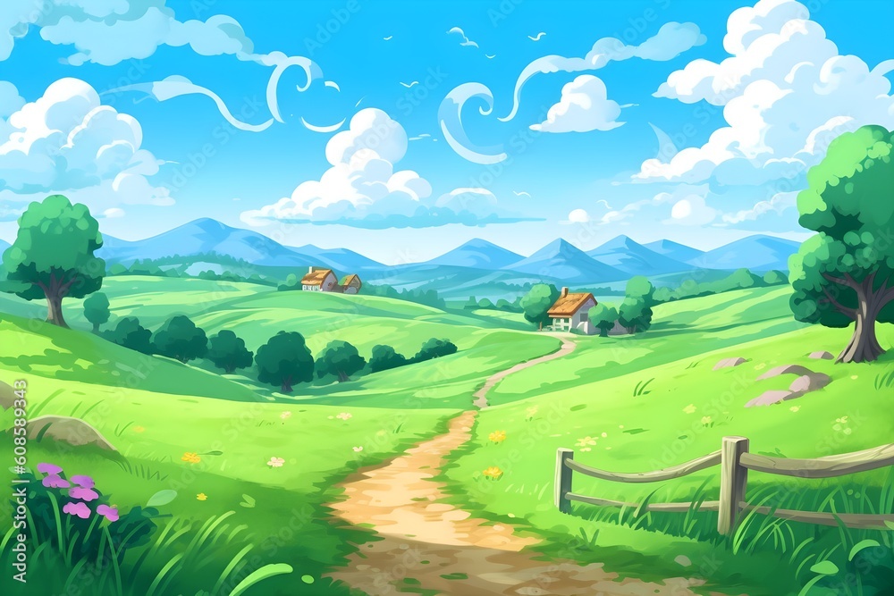 Simple cartoon landscape illustration, AI generated ilustração do Stock ...