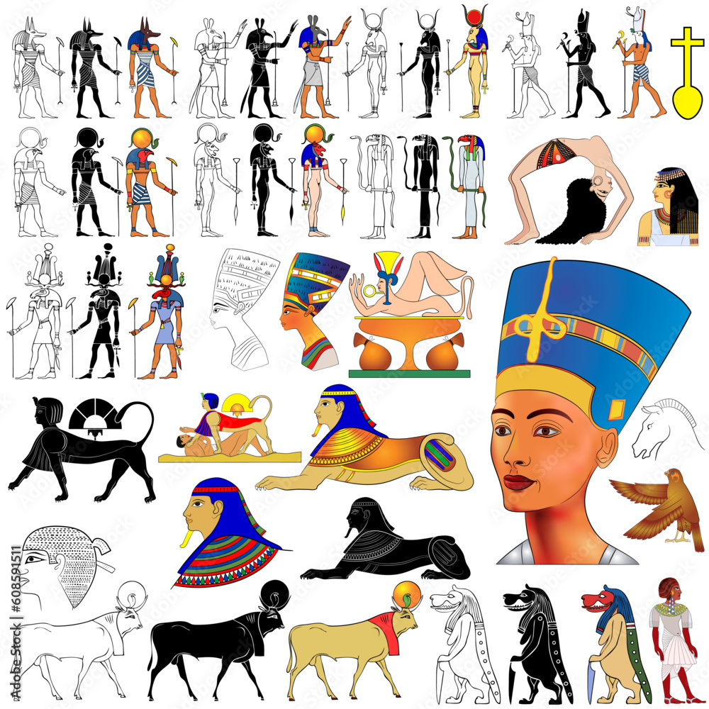 Vector set of motifs of ancient Egypt - Gods, Goddess, demons, queen ...