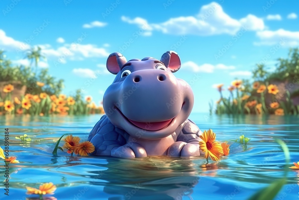a cute adorable baby hippo resting in river on a sunny day rendered in ...