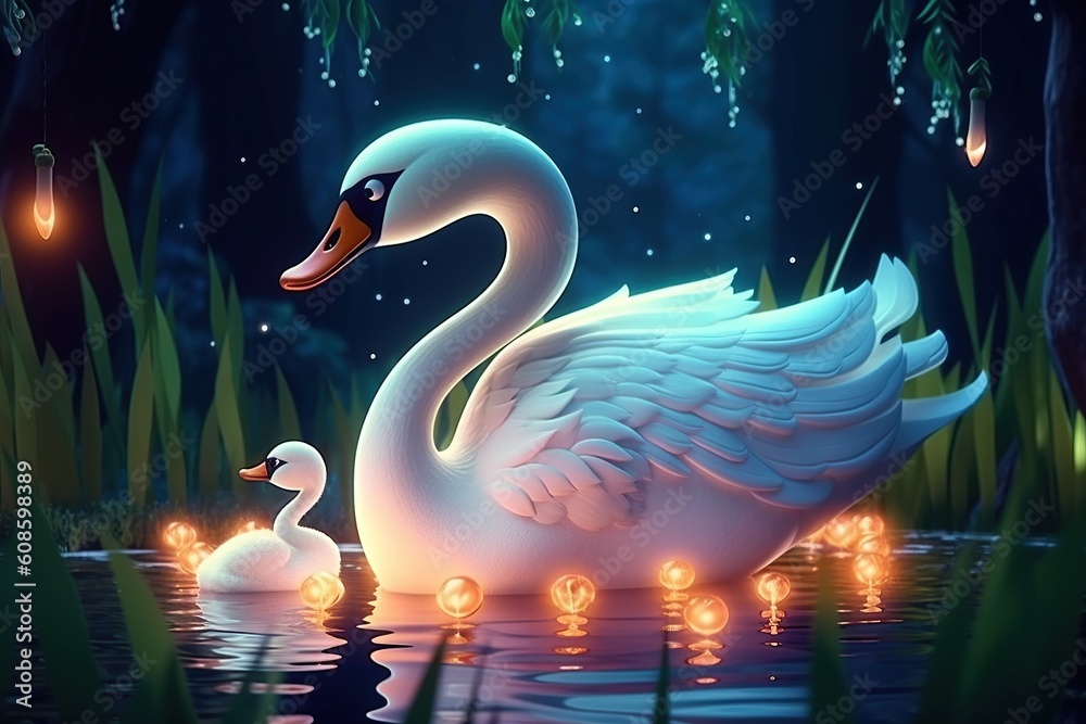 cute adorable baby swan with mother swan in nature by night with light ...