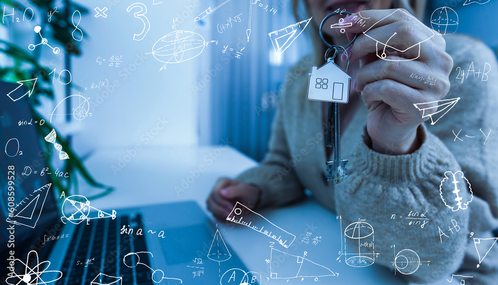 Quantitative analyst is drawing different math formulas on the glass ...