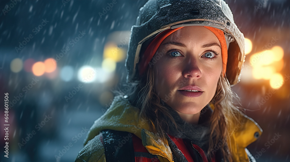 Team drill rig worker with hard hat and visibility jacket in large open ...