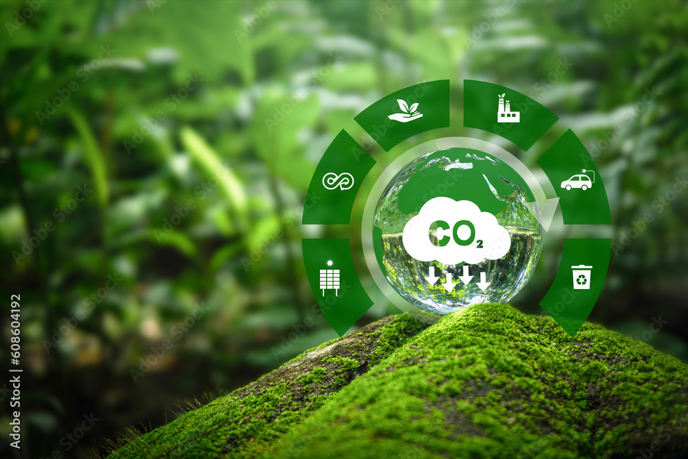 Reduce CO2 emission concept. Net zero greenhouse gas emissions target. Reducing carbon footprint ...