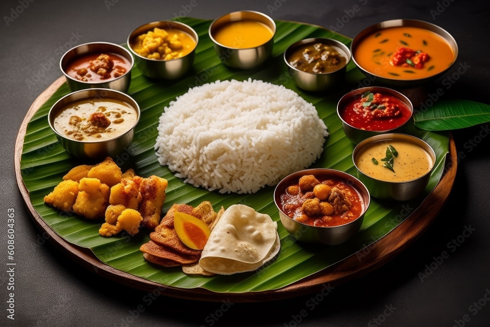 Traditional Onam sadhya: rice, Sambar, Rasam, parippu dal. Generative ...
