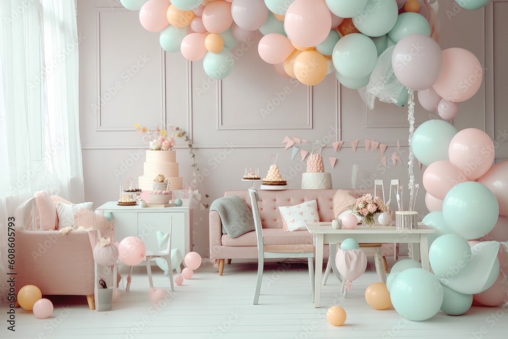Kids birthday pastel color decorations - gifts, toys, balloons, garland ...