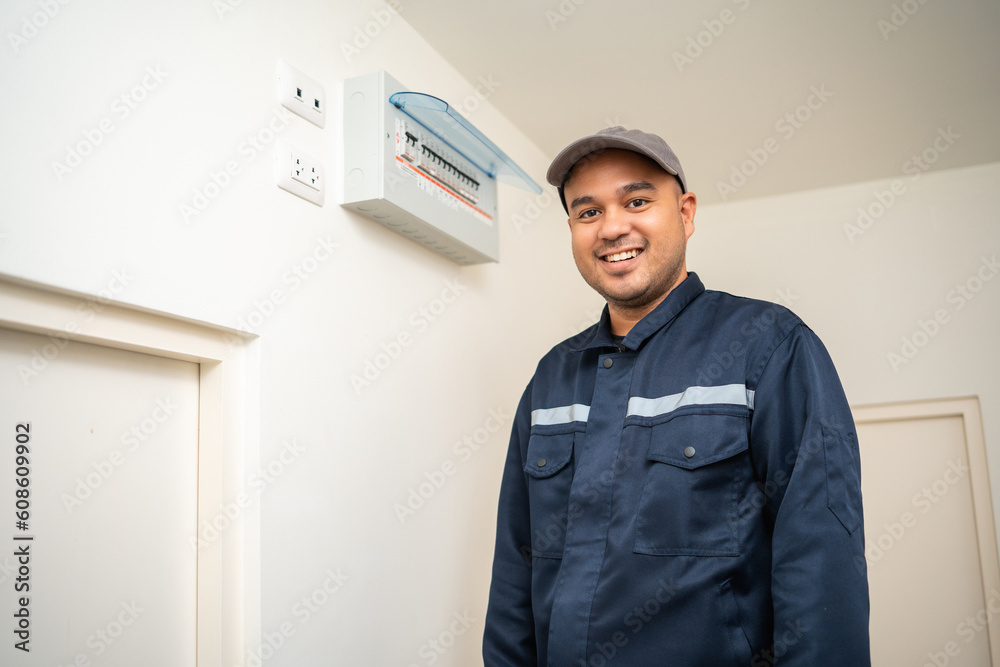 Portrait electrician man in uniform maintenance or fixing switches ...