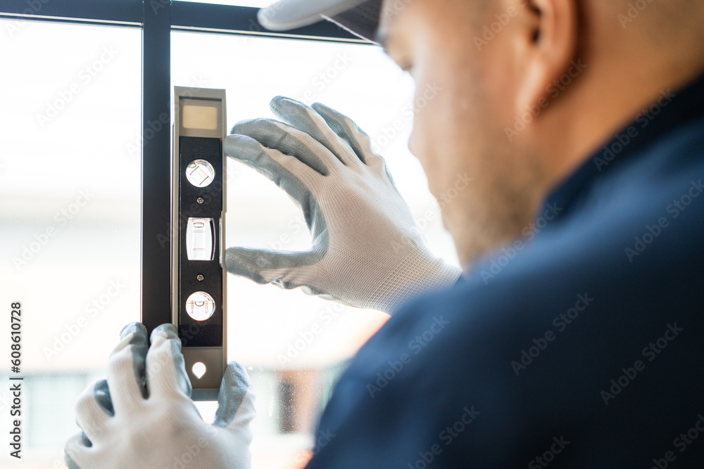 Technician worker in uniform using water level meter or spirit level ...