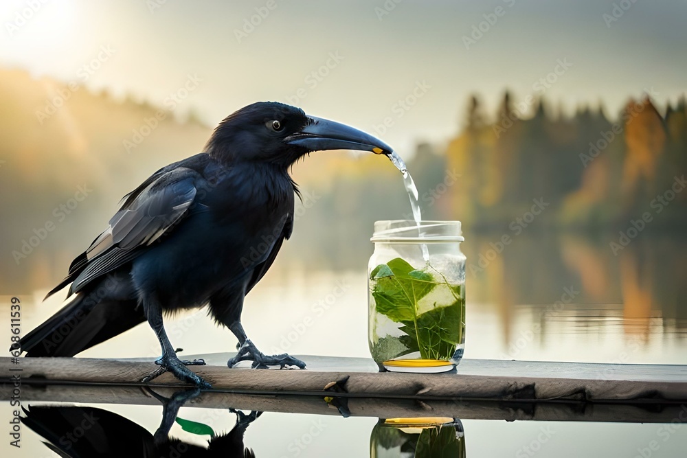 A clever and determined crow standing near a water pitcher, using its ...