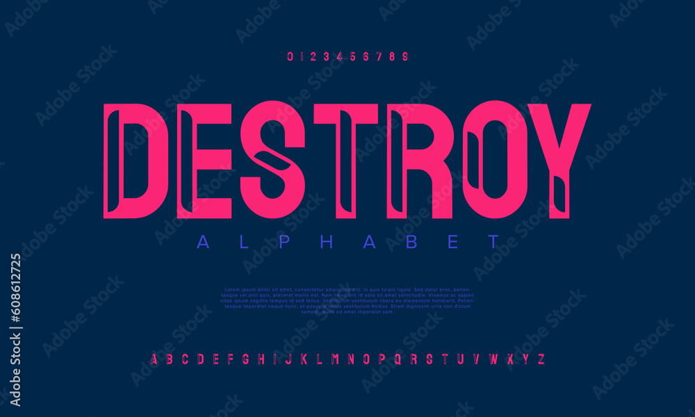 Destroy abstract digital technology logo font alphabet. Minimal modern ...