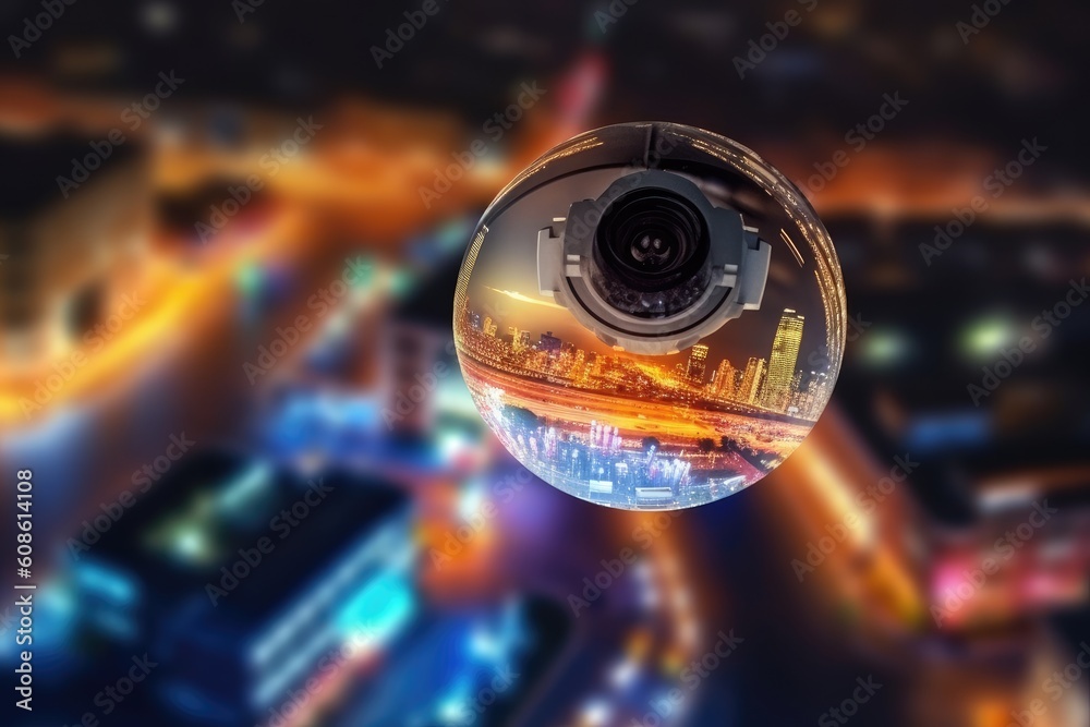 Modern CCTV camera over cityscape background, unfocused smart city ...