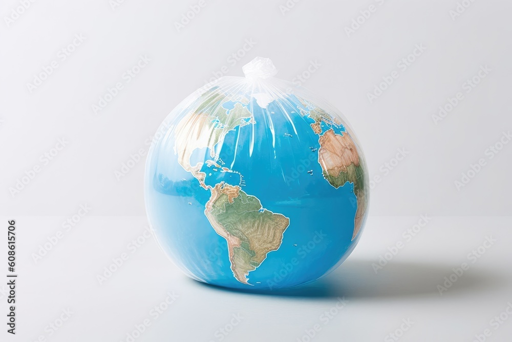 Globe, earth in plastic bag on blue background. Plastic garbage turns ...
