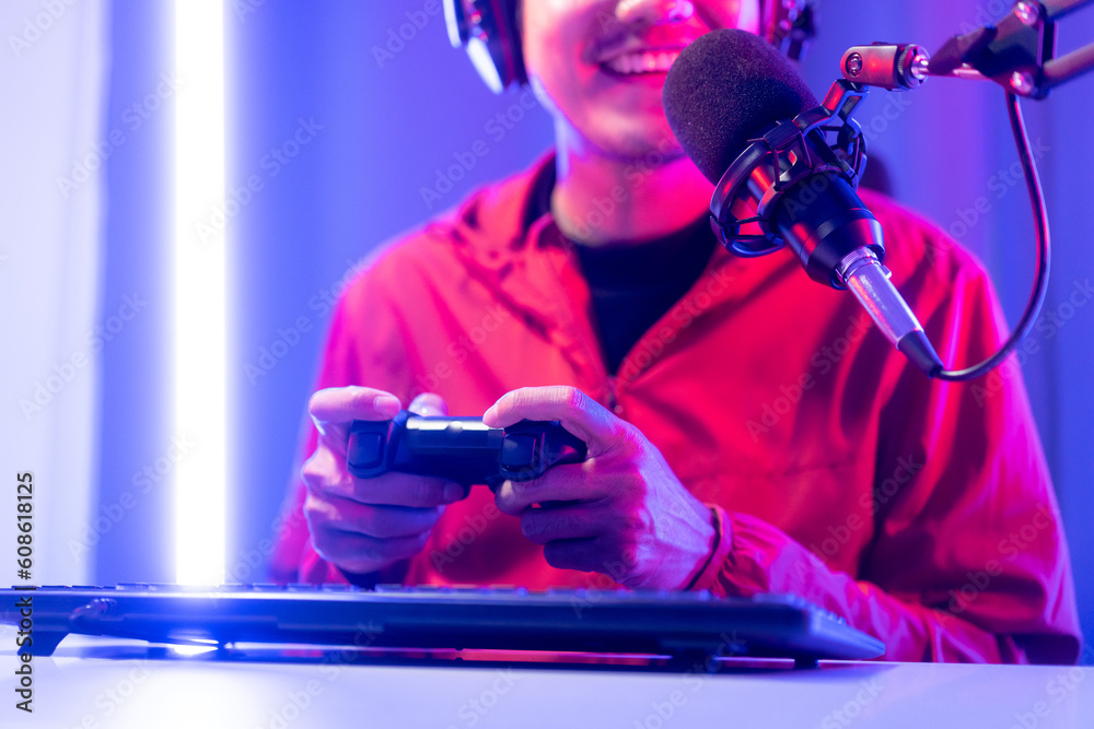 Professional gamer casting podcast walkthrough review. Young asian man ...