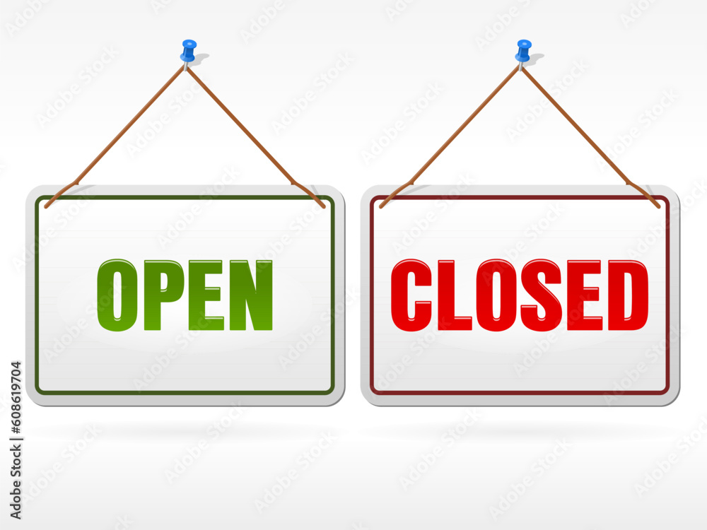 White hanging signs for storefront with Open and Closed text in green ...