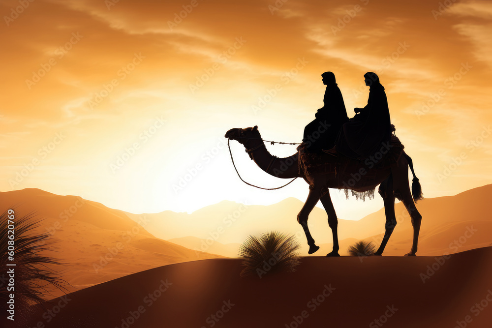 Silhouette of Joseph and Mary on camel across desert. Christmas scene ...