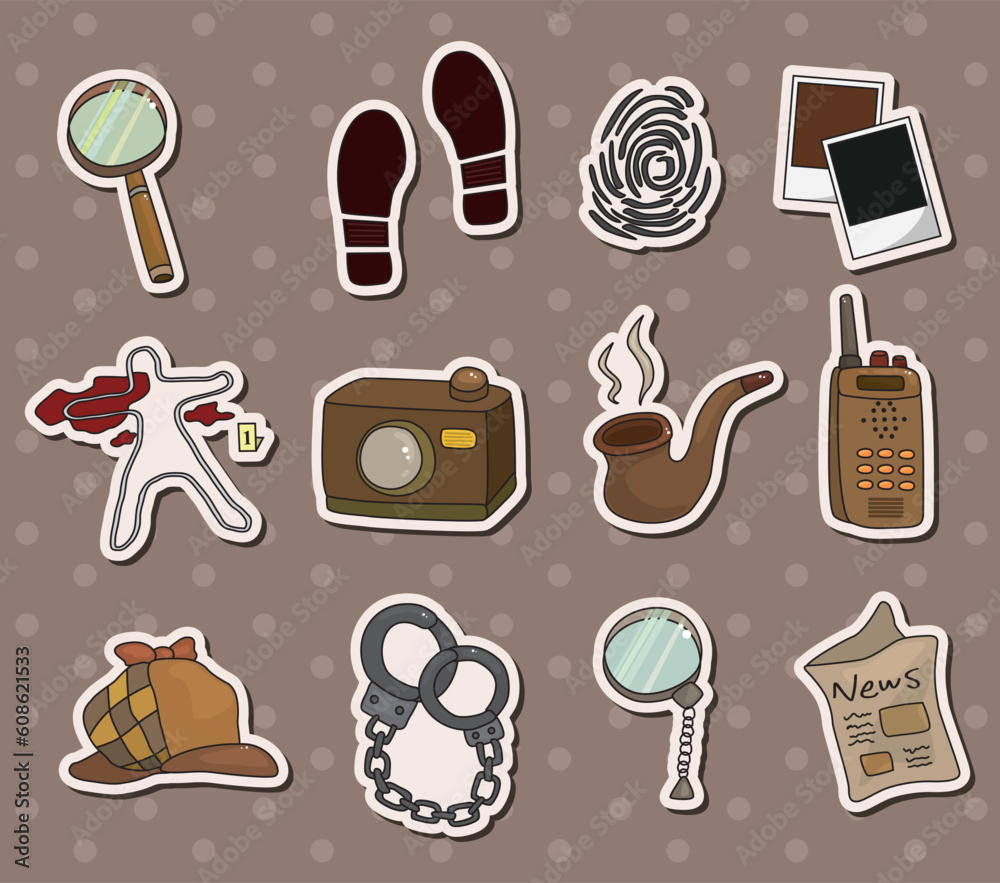 Cartoon detective equipment stickers Stock Vector | Adobe Stock