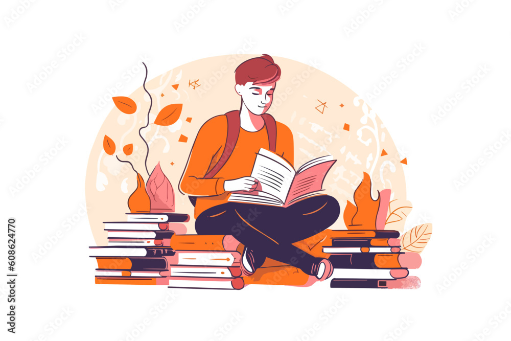 Doodle inspired Student studying, cartoon sticker, sketch, vector ...