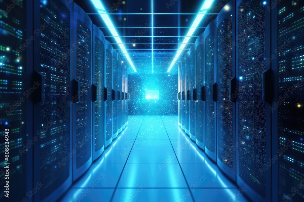 ภาพประกอบสต็อก Working data center, operations center, supercomputers with blue neon ...