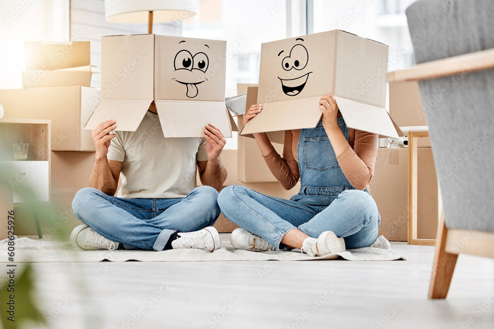 Funny, couple moving and boxes on head with faces, smile or emoji ...