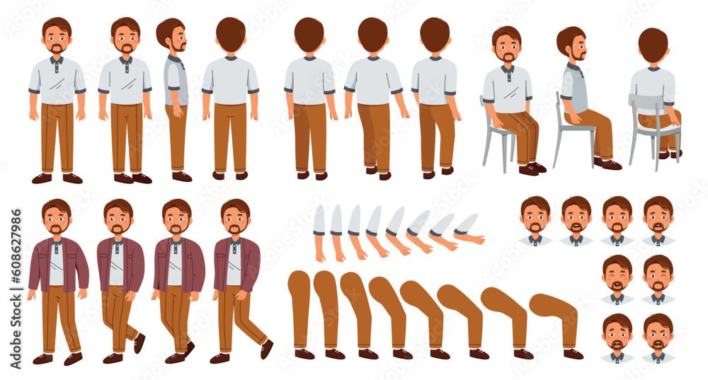 Character for animation. Man creation set with various emotions, poses ...