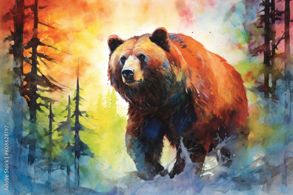 watercolor featuring a powerful and majestic bear against a backdrop of ...