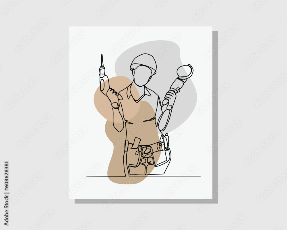 Continuous single one line drawing art of mechanic woman holding ...