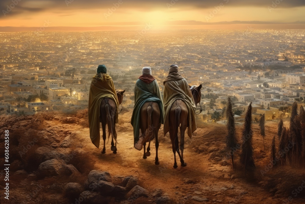 Three wise men follow the star of Bethlehem. Jesus Christ birth ...