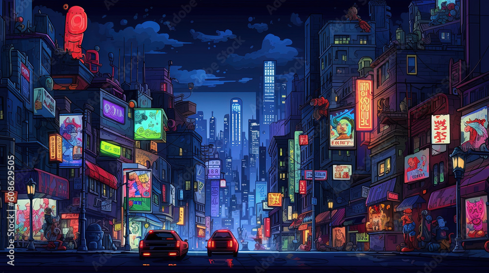 Night city. Game pixel art style like in old games of the 90's Stock ...