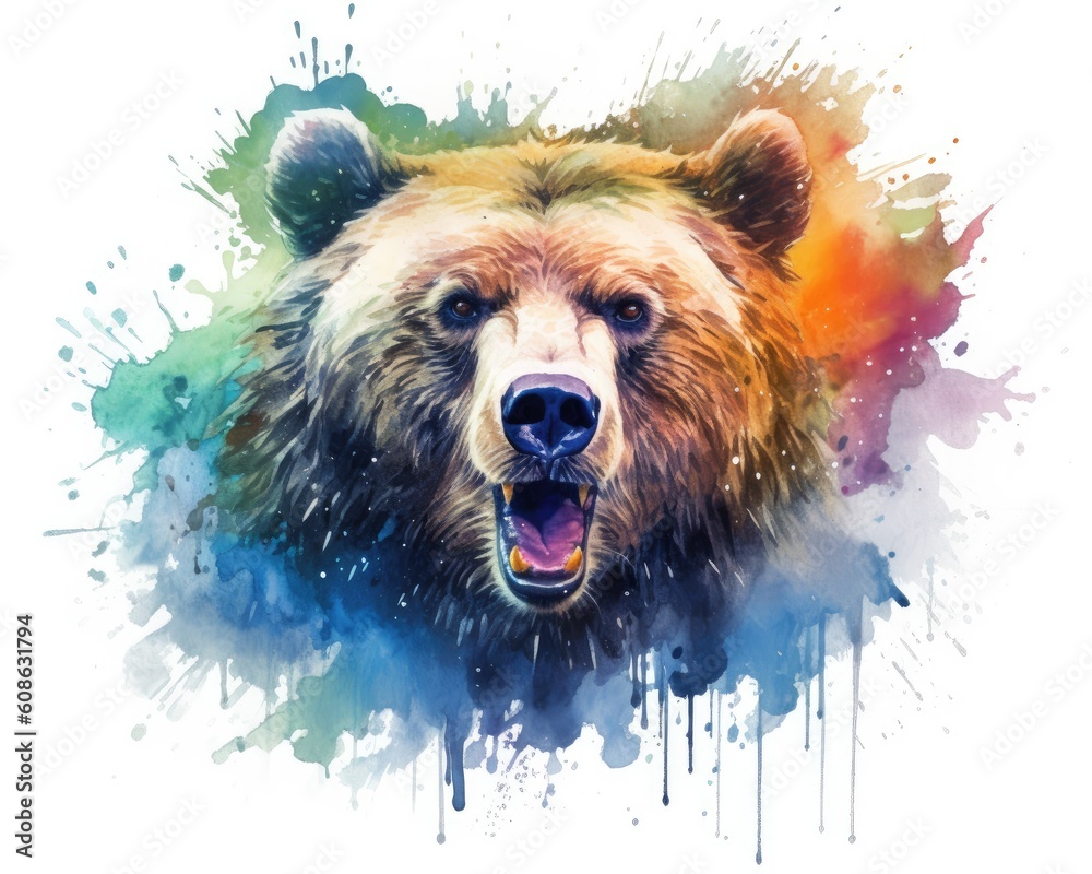 watercolor featuring a powerful and majestic bear against a backdrop of ...