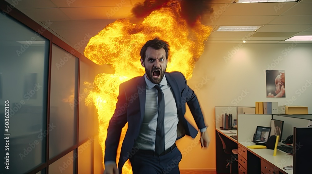 Scared man running away from fire in office, screaming office employee ...