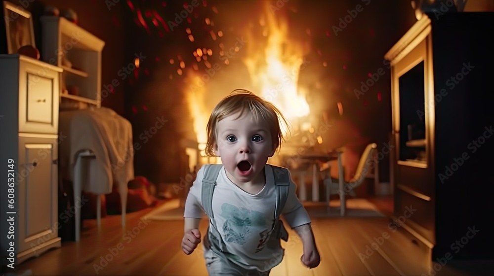 Scared little boy running away from fire in home, screaming boy dabbled ...