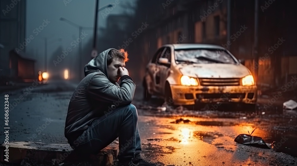 Crying man sitting near wrecked car on road, tragic car accident at ...