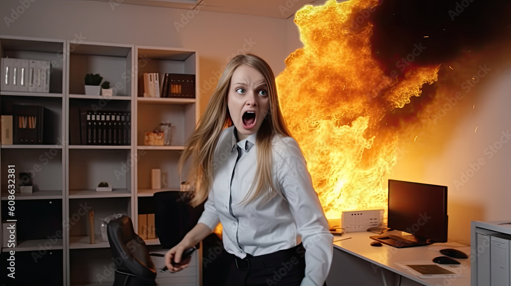 Scared woman running away from fire in office, screaming female office ...
