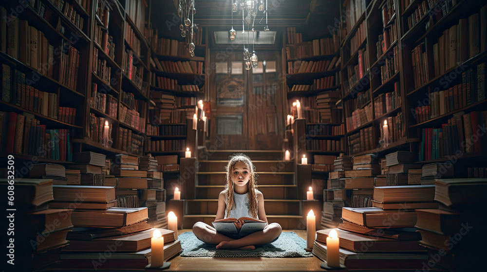 ภาพประกอบสต็อก Little girl sitting in lotus pose in library among ...