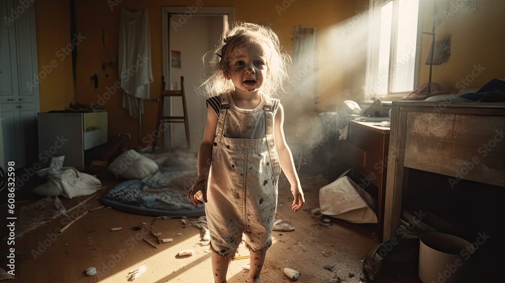 Crying sad girl in dirty cluttered apartment, child from dysfunctional ...