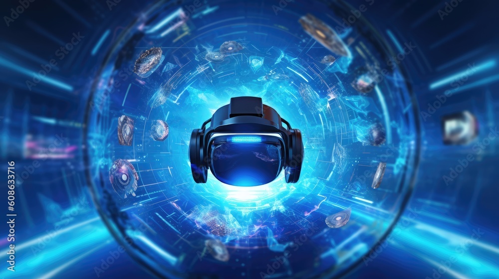 Concept of virtual reality technology. Men wearing VR headset, sparkle ...