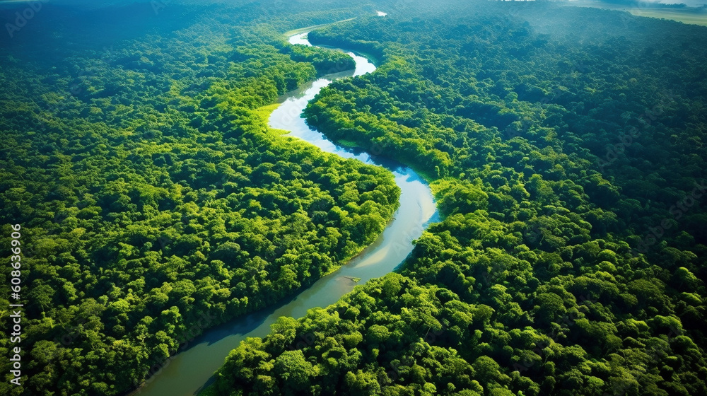 Aerial view of Amazon rainforest jungle with river . Generative AI ...