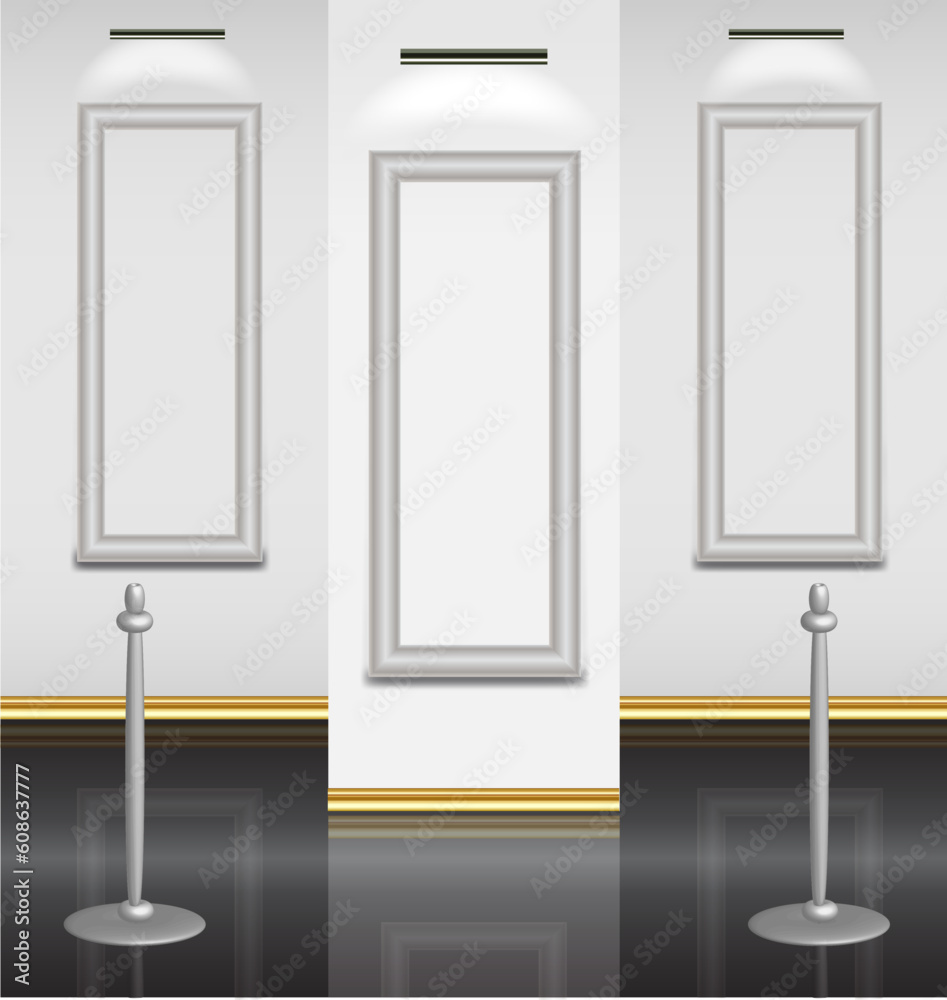 Virtual museum exposition hall with three empty highlighted frames ...