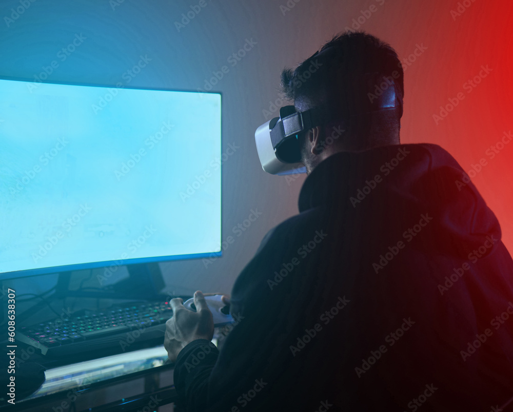 Man, computer with green screen, virtual reality and gaming, online ...