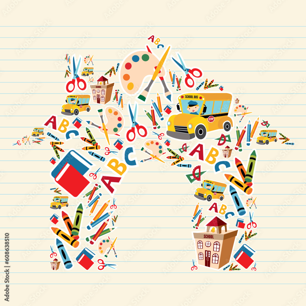 School Tools And Supplies Set In House Shape Background Vector File Layered For Easy