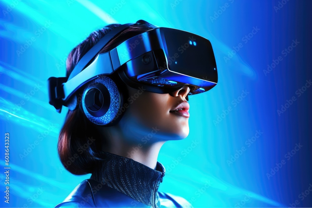 Concept of virtual reality technology. Woman wearing VR headset ...